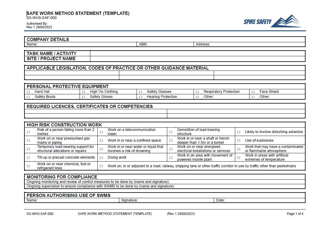 Free Safe Work Method Statement Template (SWMS)