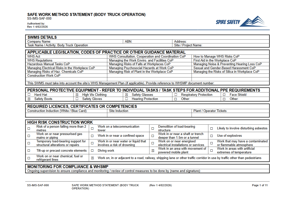 Safe Work Method Statement (Body Truck Operation) SWMS